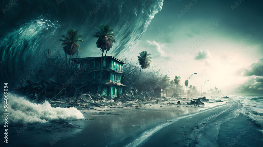 Tsunami process, big waves cover Asia city and houses. Storm with ...