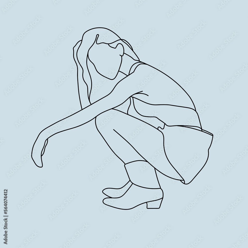 Fashion model line drawing on blue background. Girl posing line art ...