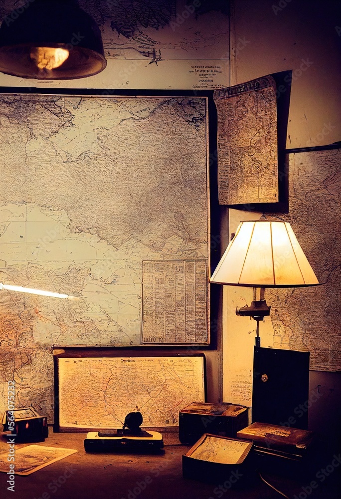 Map of World War II in the office of a military general. War and ...