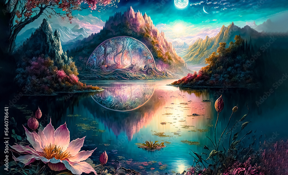 Fantasy wallpaper with fairy tale lake, magical flowers against the ...