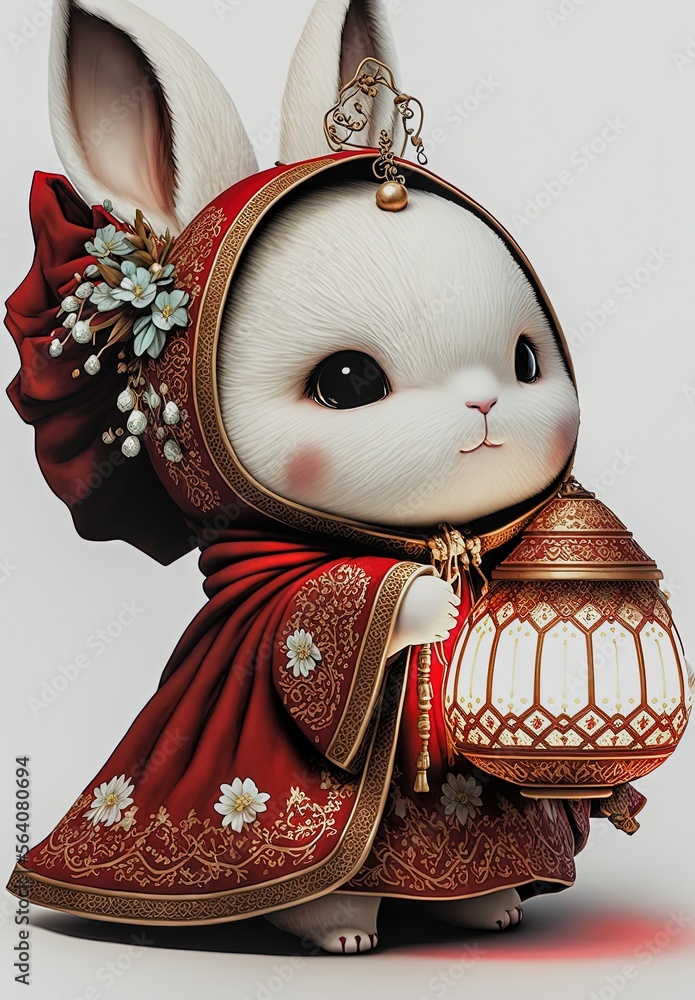 cute 3d-cartoon rabbit in red hanfu holding a gilt lantern, chinese ...