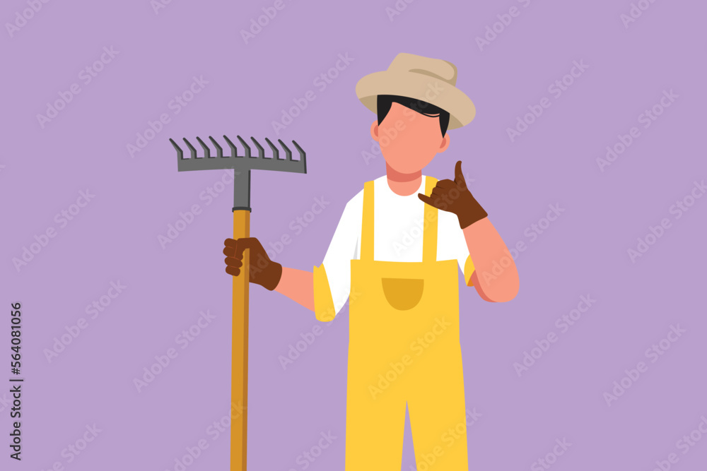 Character flat drawing of male farmer holding rake with call me gesture ...