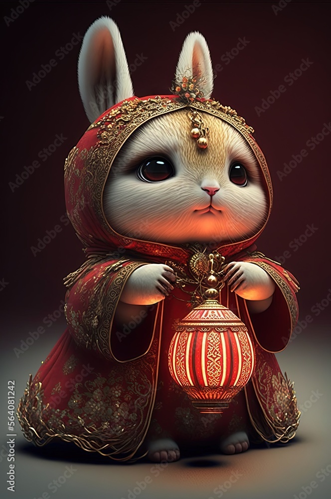 cute 3d-cartoon rabbit in red hanfu holding a gilt lantern, chinese ...