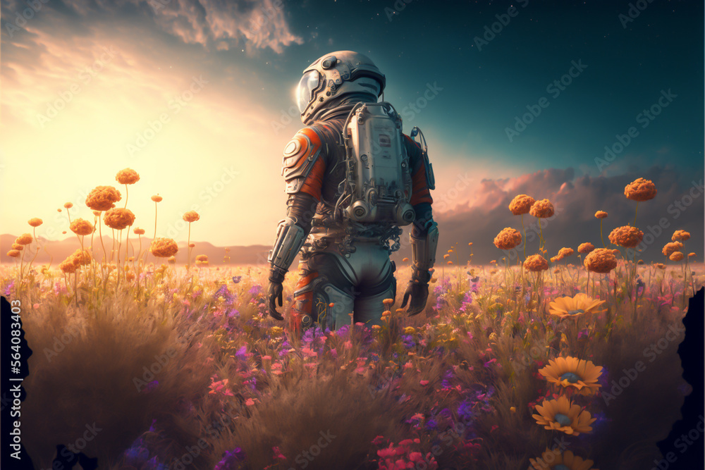 astronaut, stands in a field of flowers, surrounded by the beauty of ...