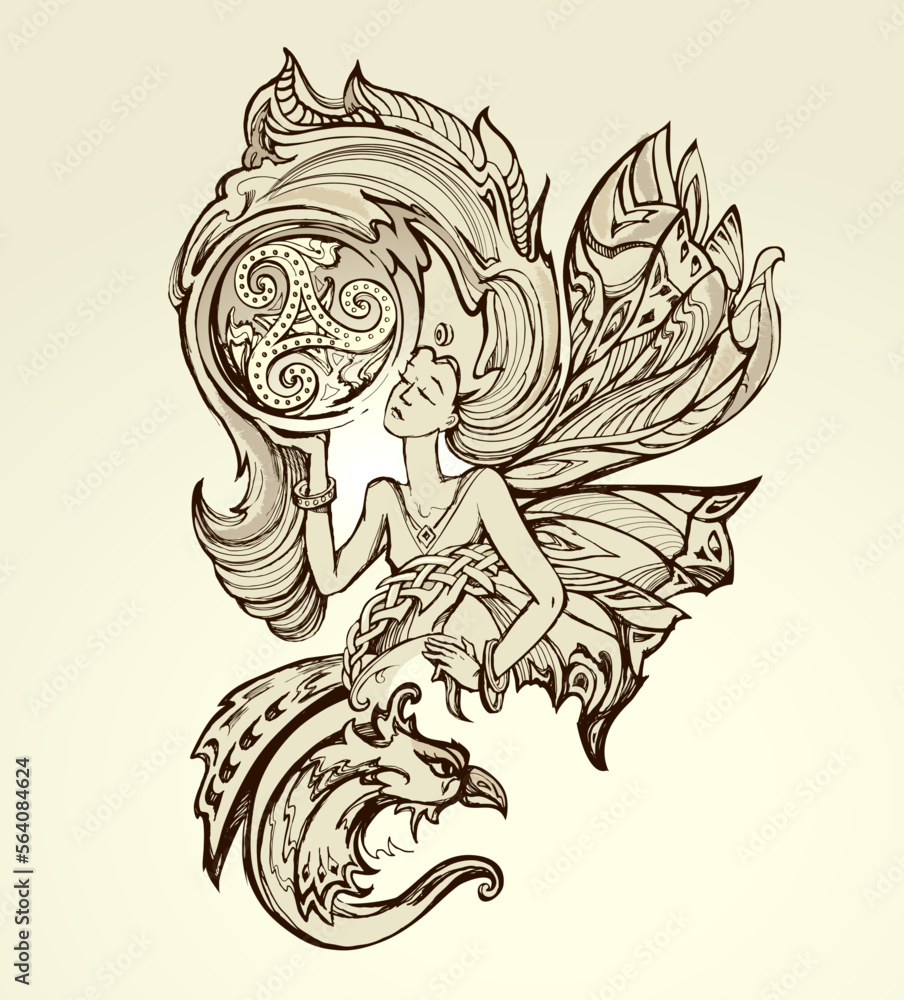 Fantasy Celtic fairy with triple spiral symbol. Beautiful Gothic ...