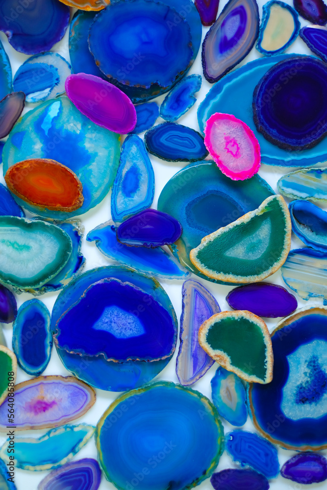 Agates set in blue and green colors.slices of natural stone on white ...