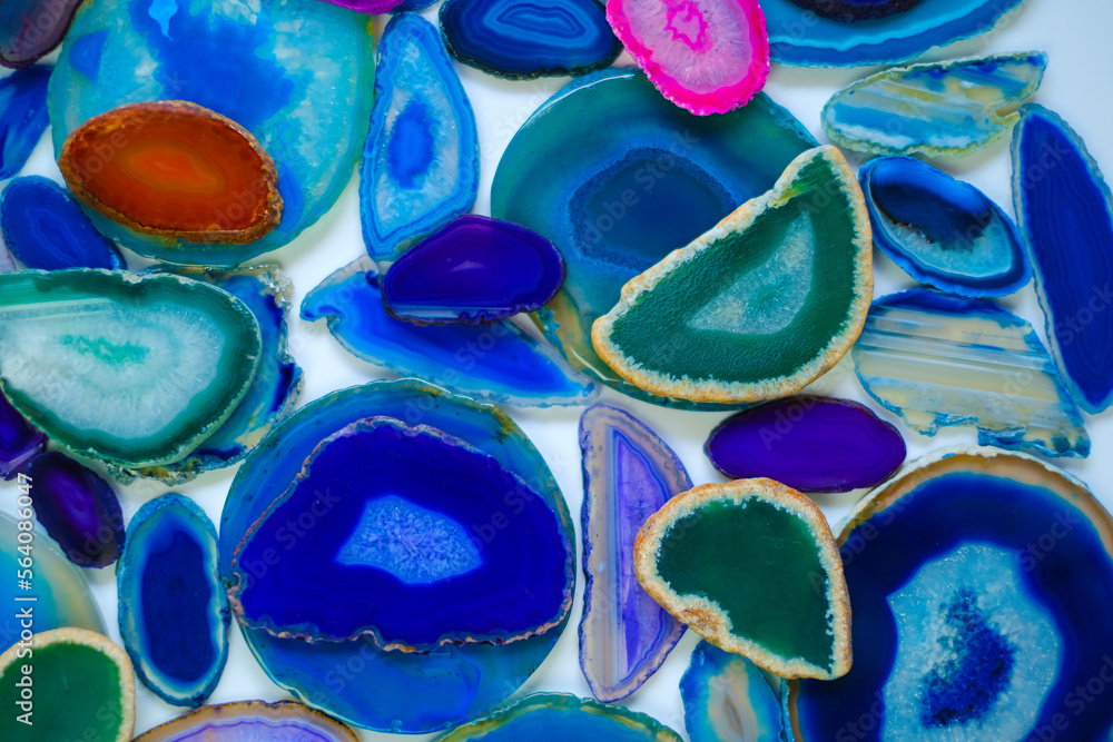 Agate geode crystal. Agates set in blue and green colors.slices of ...