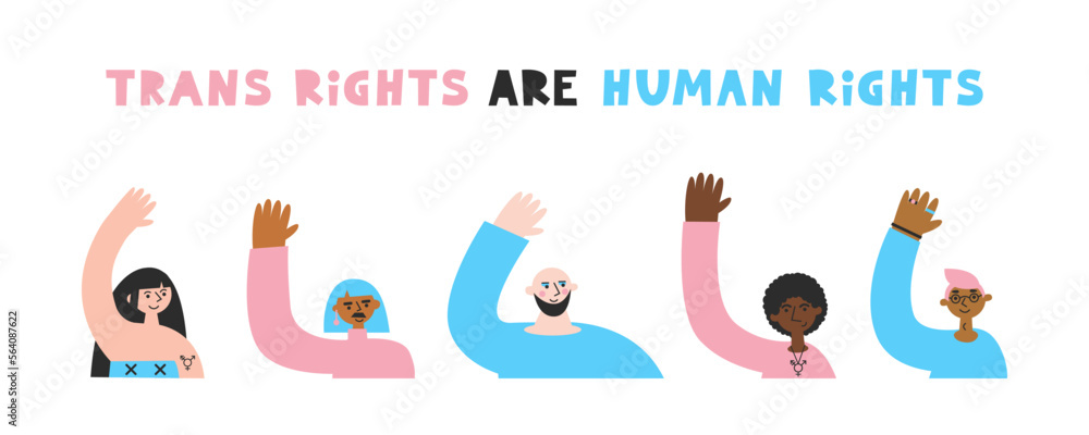 Trans rights are human rights quote. Transgender day of visibility. LGBT people in flag colors ...