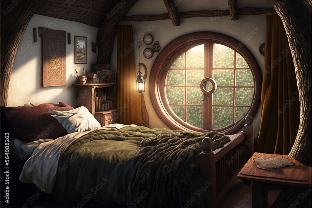 Hobbit house interior, inside fantasy wooden hut in forest, generative ...