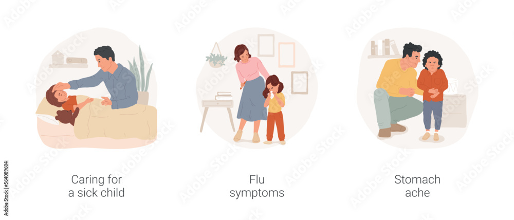 Childhood sickness isolated cartoon vector illustration set. Mother ...