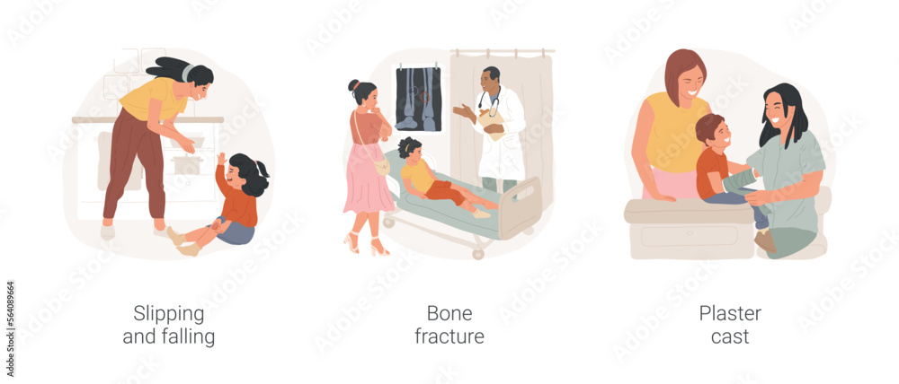 Child injury isolated cartoon vector illustration set. Slipping and ...