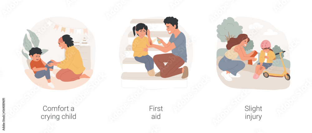 Child injury treatment isolated cartoon vector illustration set. Parent ...