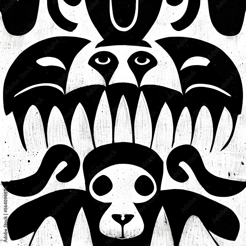 stencil repeating pattern black and white primitive happy fear animals ...