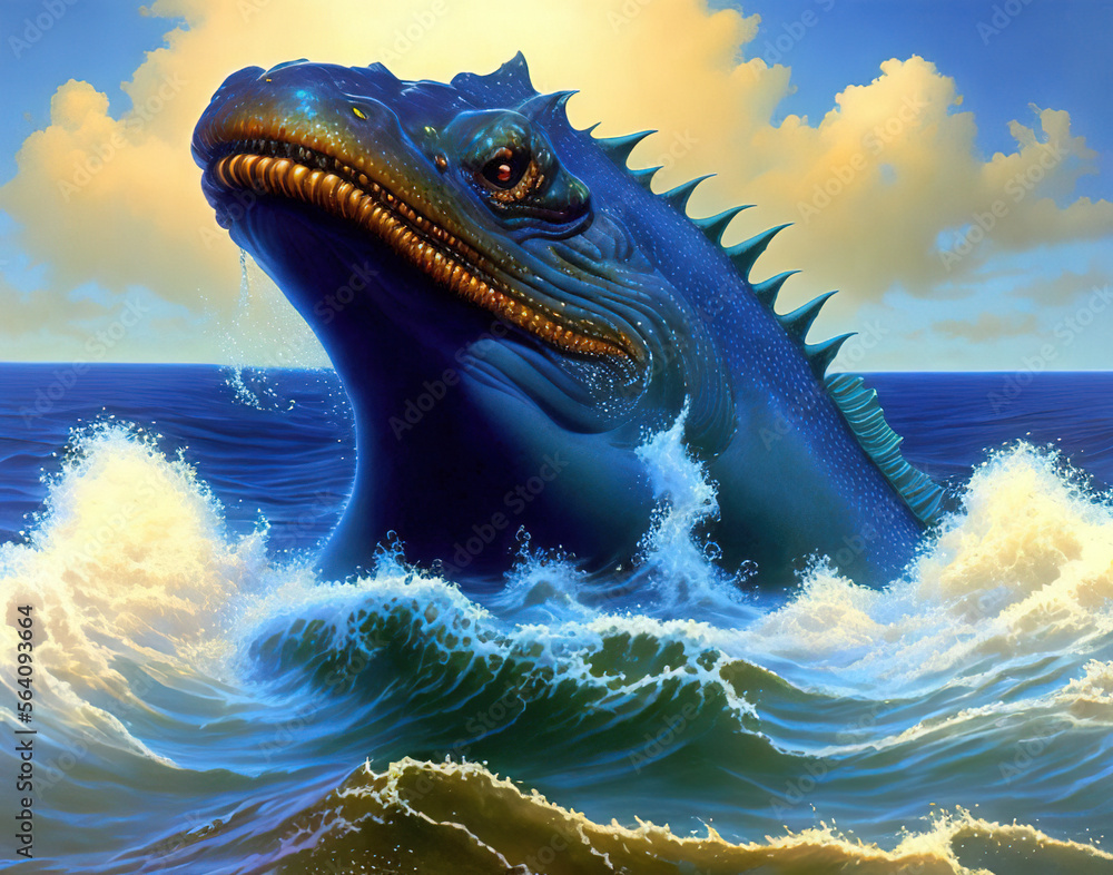 Large fantasy sea monster with spiky spine rising up from out of the ...