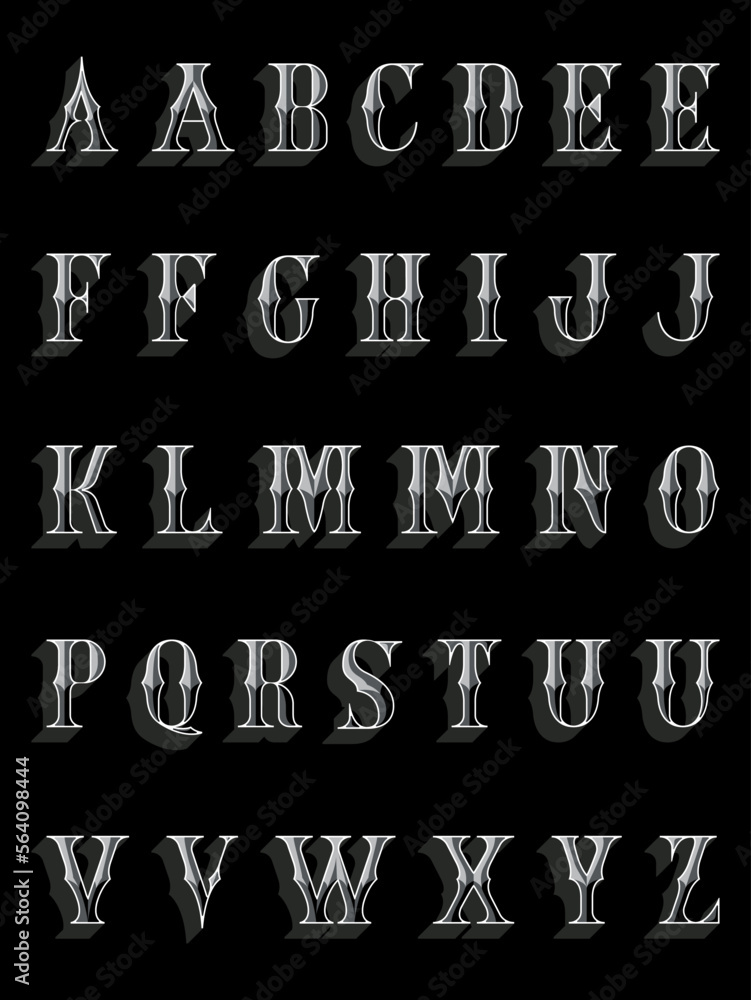 Handcrafted vector set of beveled capital letters with median spurs ...