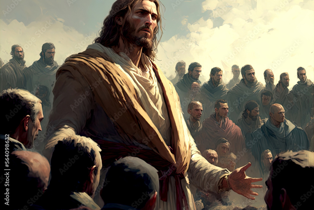 Realistic painting of Jesus in crowd arguing with Pharisees, created ...