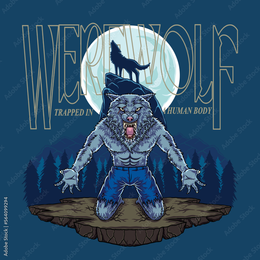 Beast Werewolf Under Full Moon with Howling Wolf Vector Illustration ...
