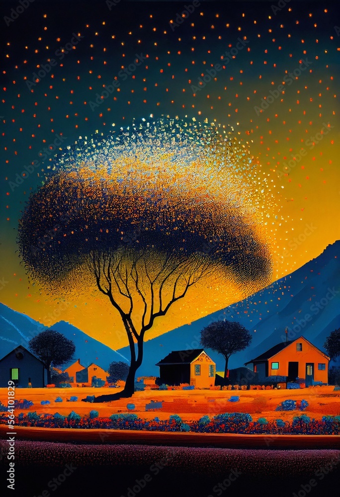 Pointillism landscape tree neighborhood urban homes night sky creative ...