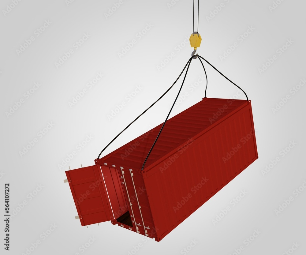 Red half opened door cargo container hang by crane hook accident ...