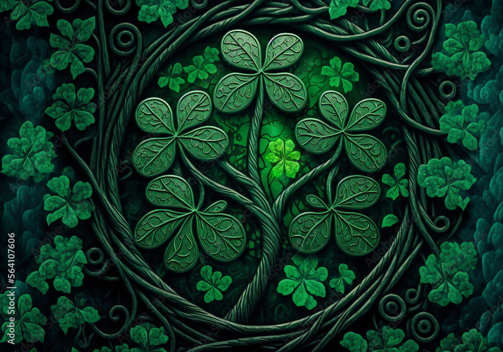 Symbolic green tree growing within a circle of vines. Detailed shamrock ...