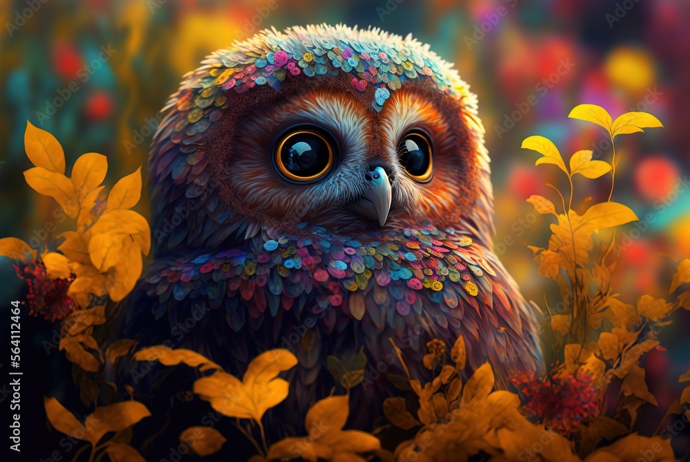 Enchanting mythical owl camouflaged in magical blooming spring flowers ...