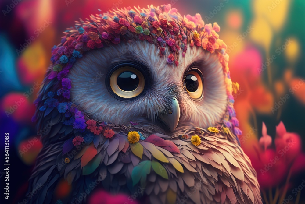 Enchanting mythical owl camouflaged in magical blooming spring flowers ...
