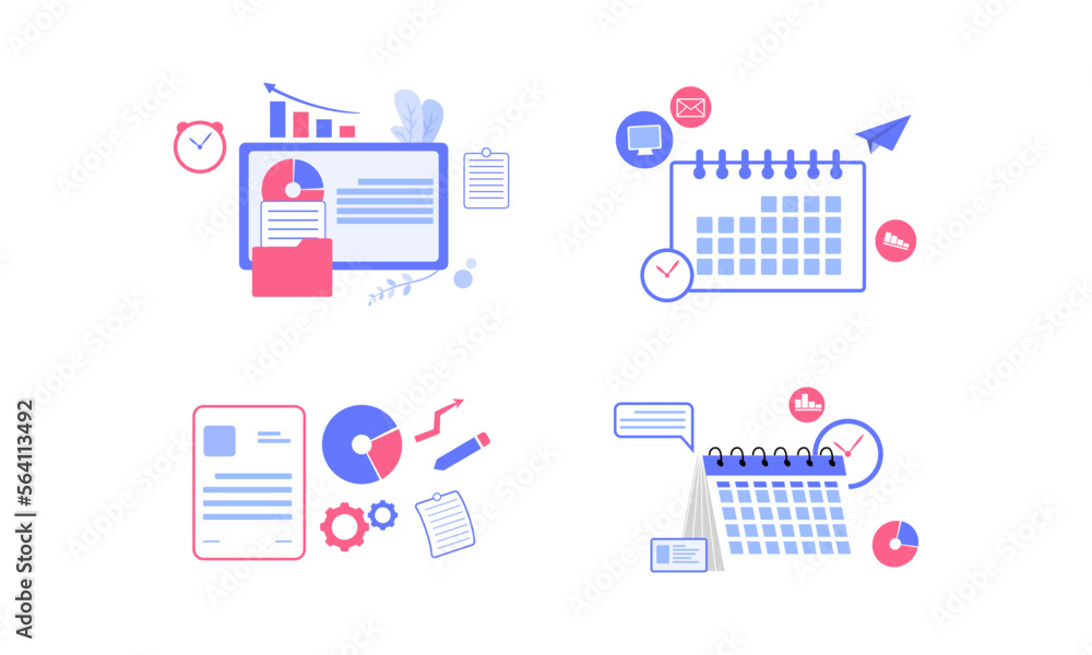 Set of Business management illustration set. planning work tasks ...