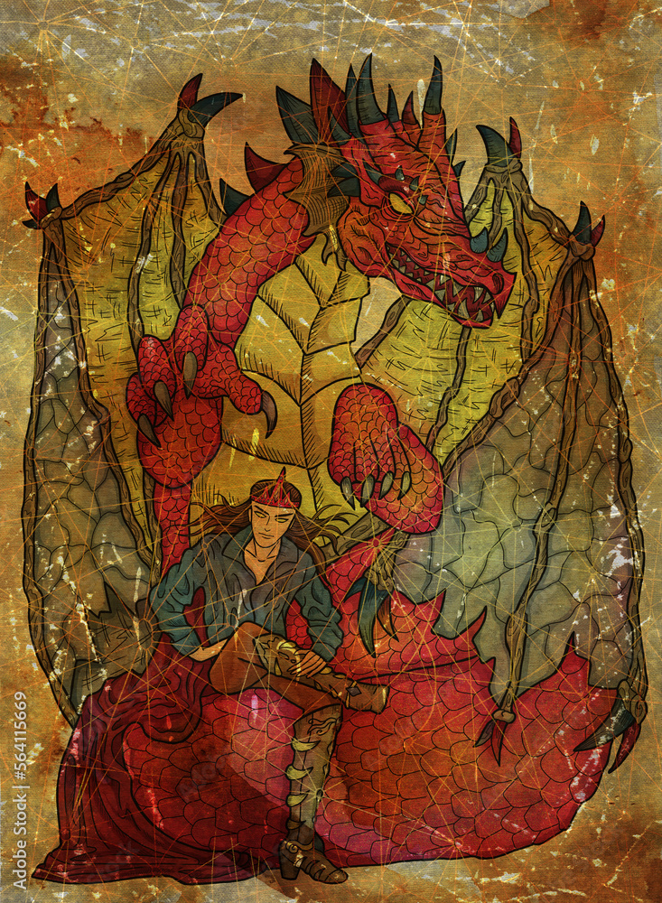Colorful illustration with fantasy dragon and handsome warrior ...