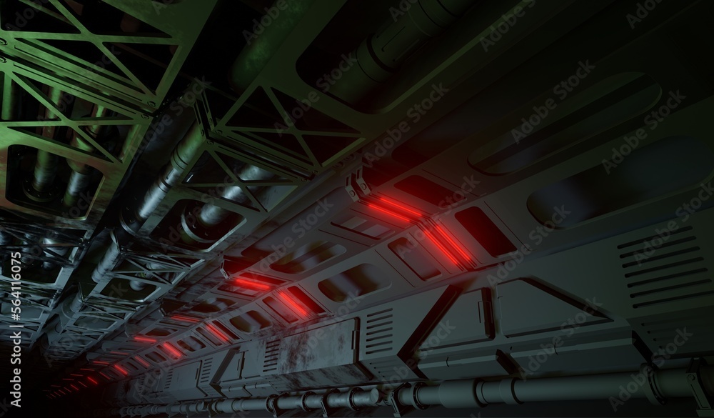 ภาพประกอบสต็อก Pipe lines with metal ceiling panel science fiction in ...