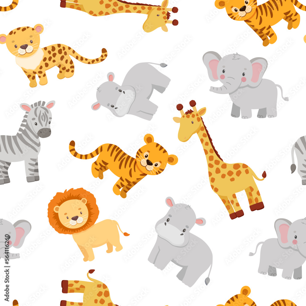 Cute tiger, lion, giraffe and elephant in cartoon style. Vector ...