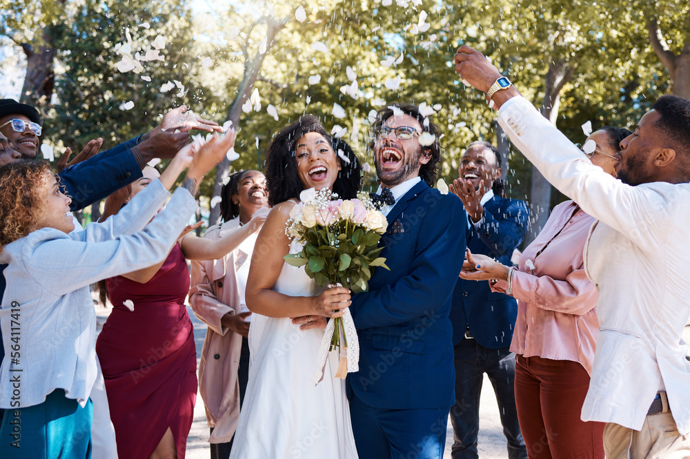 Wedding confetti, marriage couple and celebration of audience throwing ...