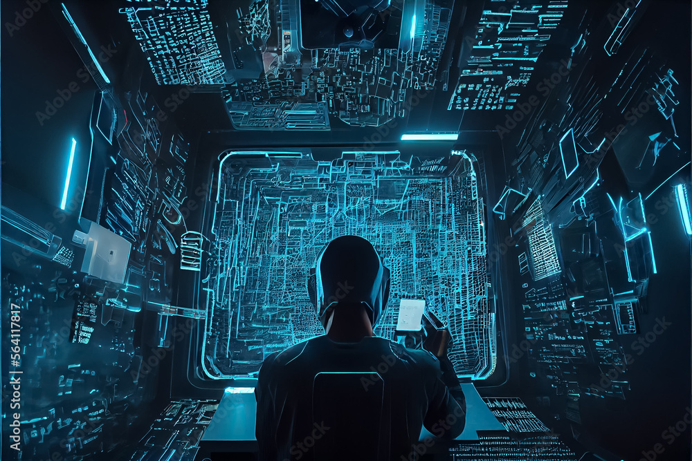 aerial view of hacker woman wondering inside the computer core of ...