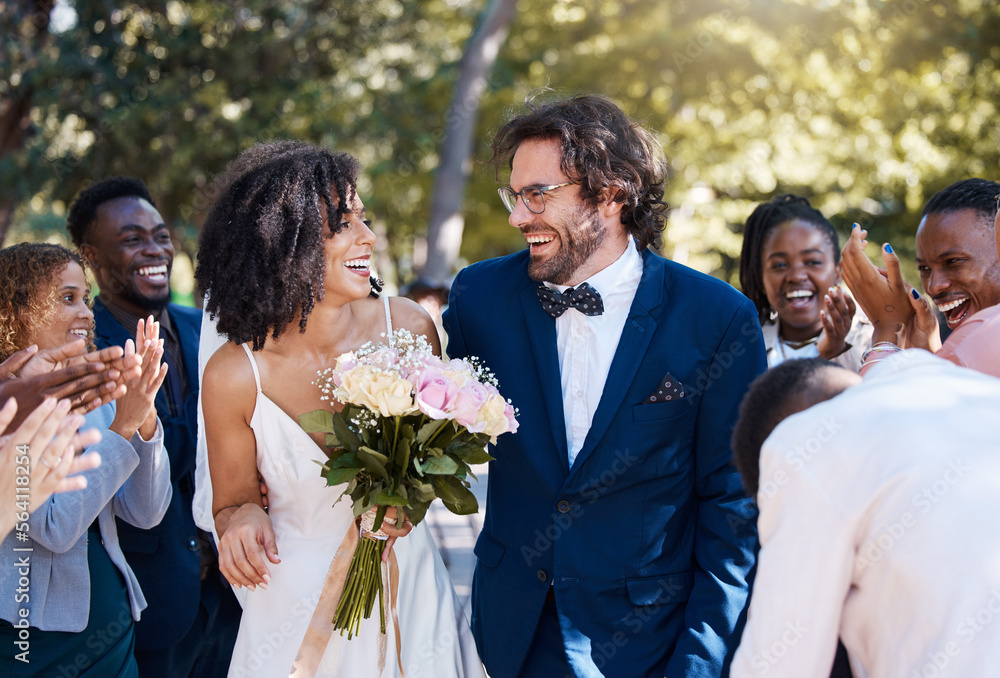 Celebration, applause and wedding bride and groom with happy, excited ...