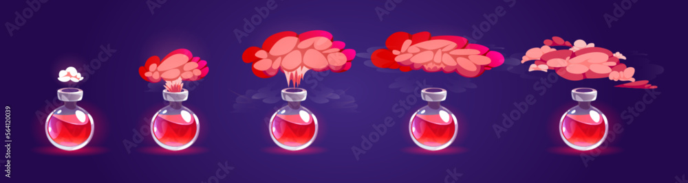 Bottle with potion, magic elixir or poison and smoke cloud. Sprite ...