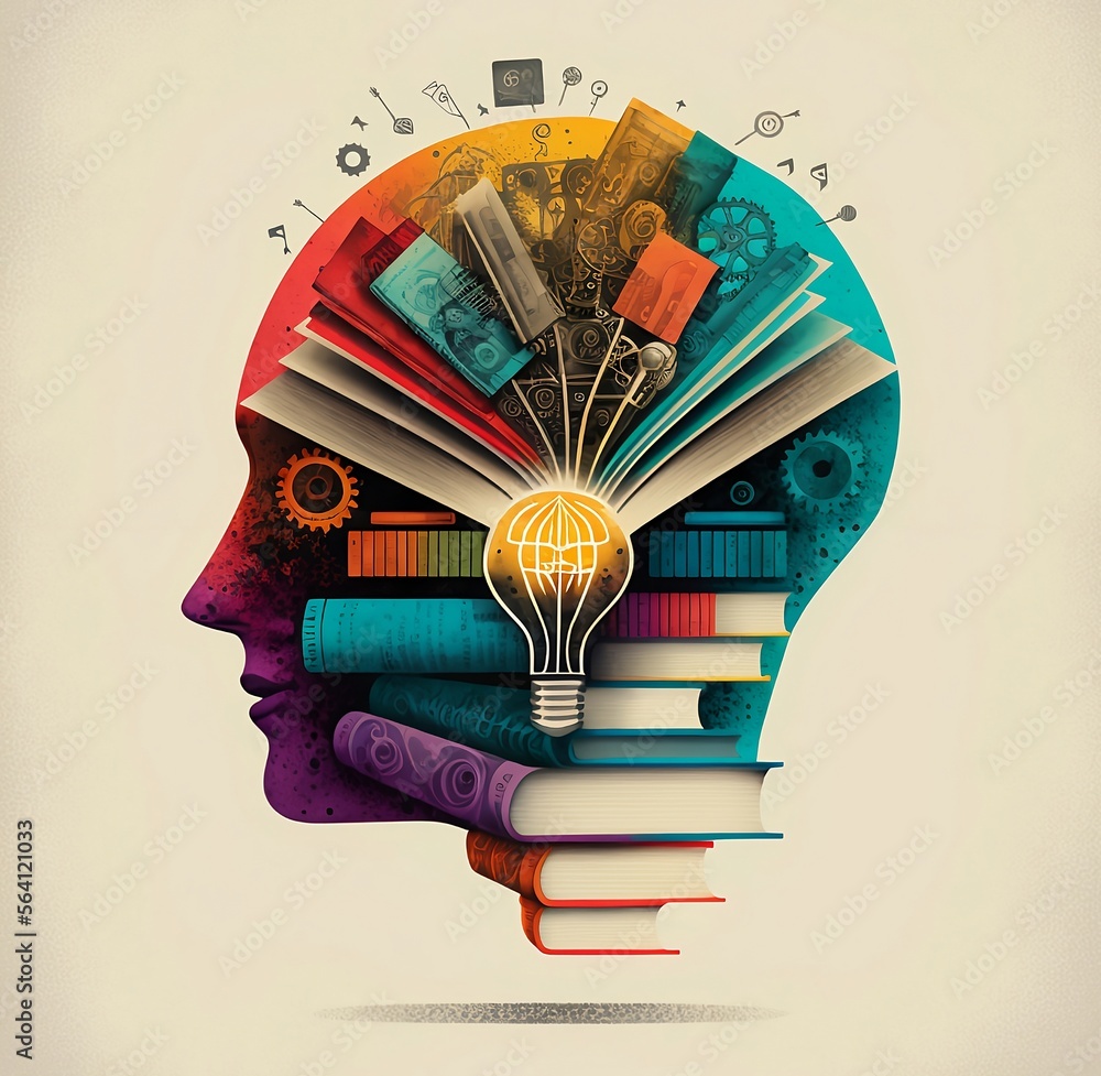 Colorful Learning: A Collage Illustration of Books, Cogs, Brain and ...