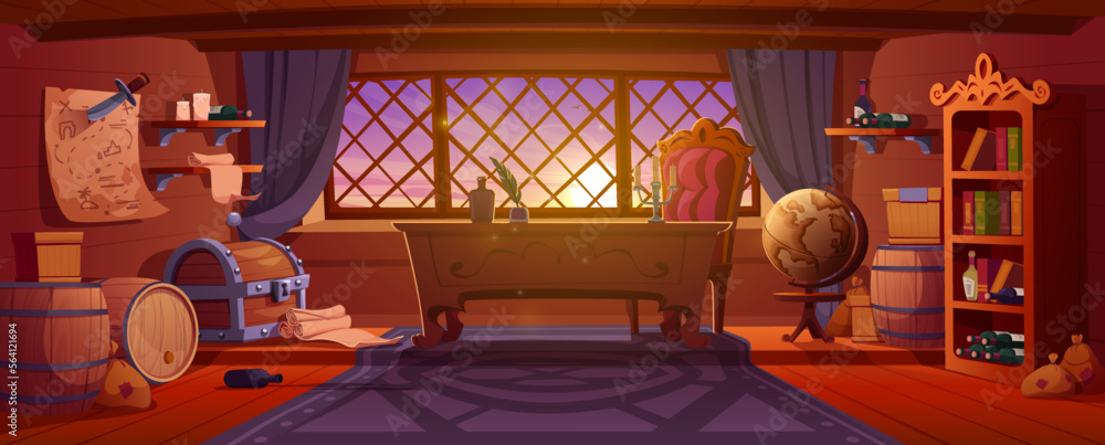 Old pirate ship inside at sunset. Wooden boat captain cabin interior ...