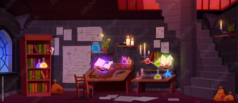 Witch or wizard alchemical laboratory with magic books and potions with ...