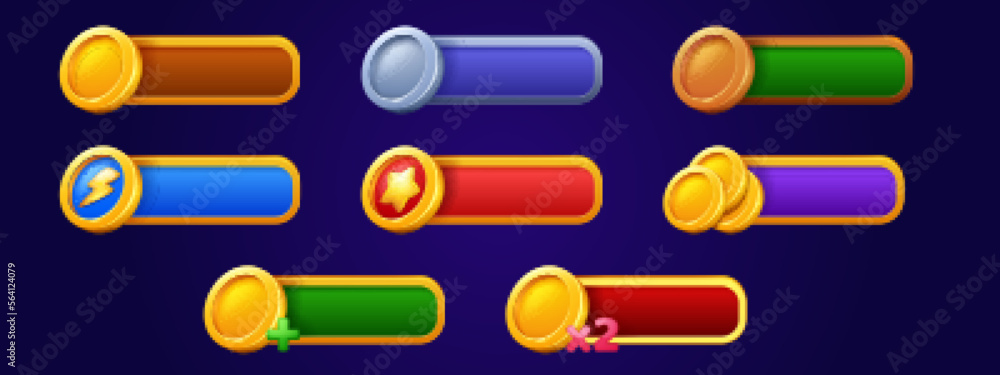 Game bars with gold coins, star, power symbol, plus and x2. Game UI ...