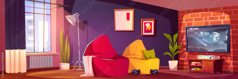 Gamer room interior with tv gaming console and beanbag chairs. Vector ...