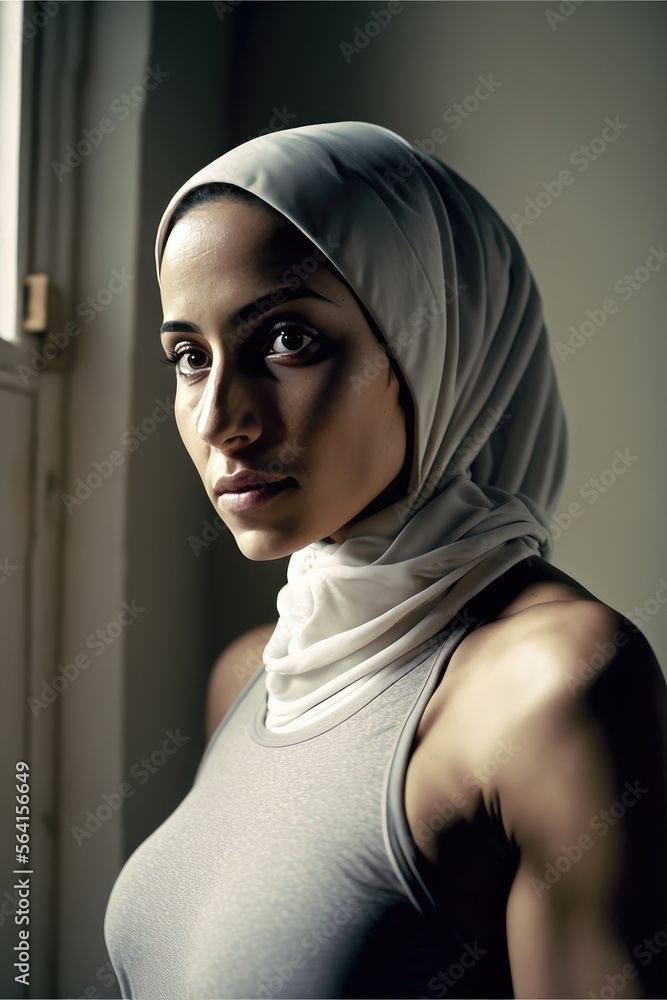 Athletic middle eastern woman wearing a hijab posing near her loft ...