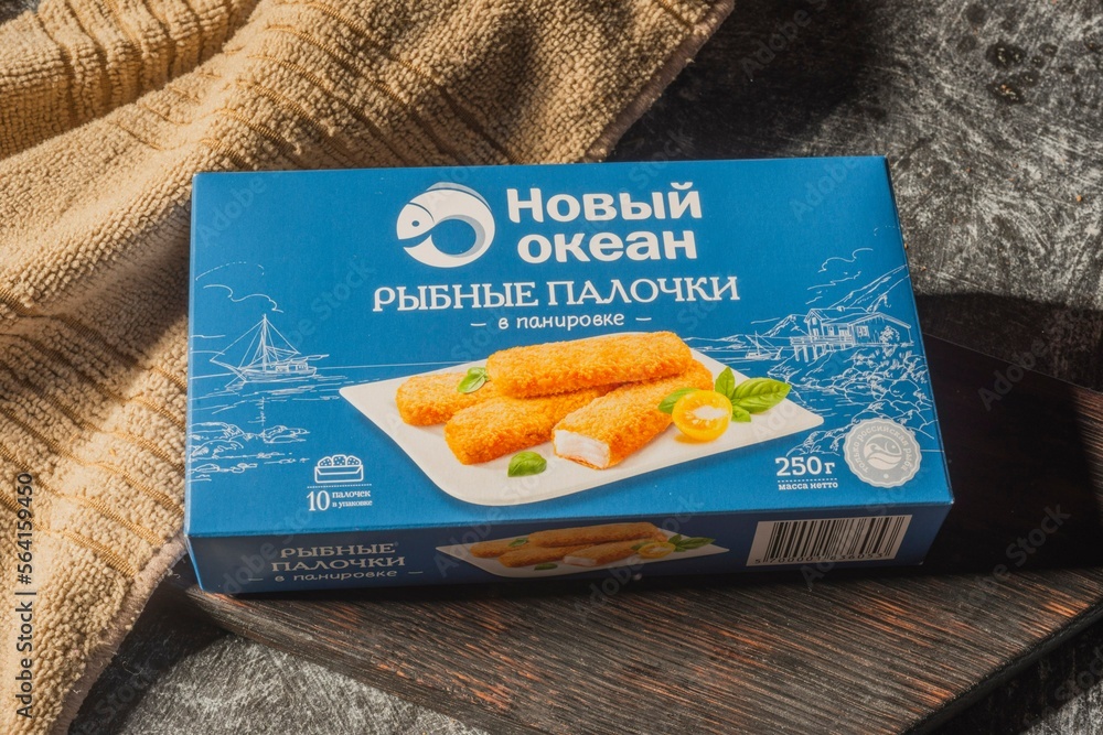 New Ocean. Frozen food - breaded fish fillet packaging Stock Photo ...