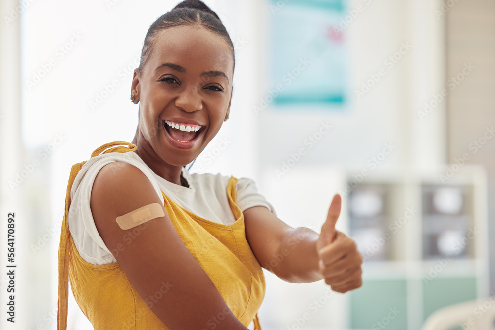 Vaccine bandage, covid 19 and woman portrait with thumbs up emoji ...