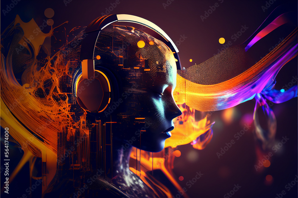 Creative music background. Colorful head wearing headphones on bright ...