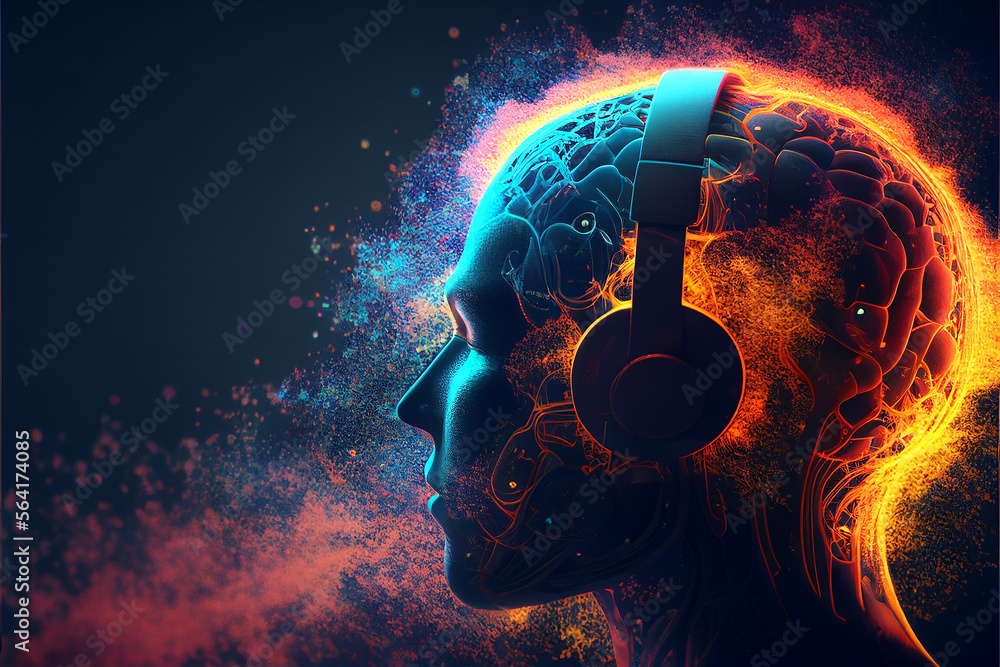 Creative music background. Colorful head wearing headphones on bright ...