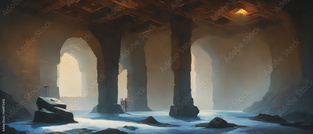 An abstract painting depicts an ancient underground cave, with shapes ...