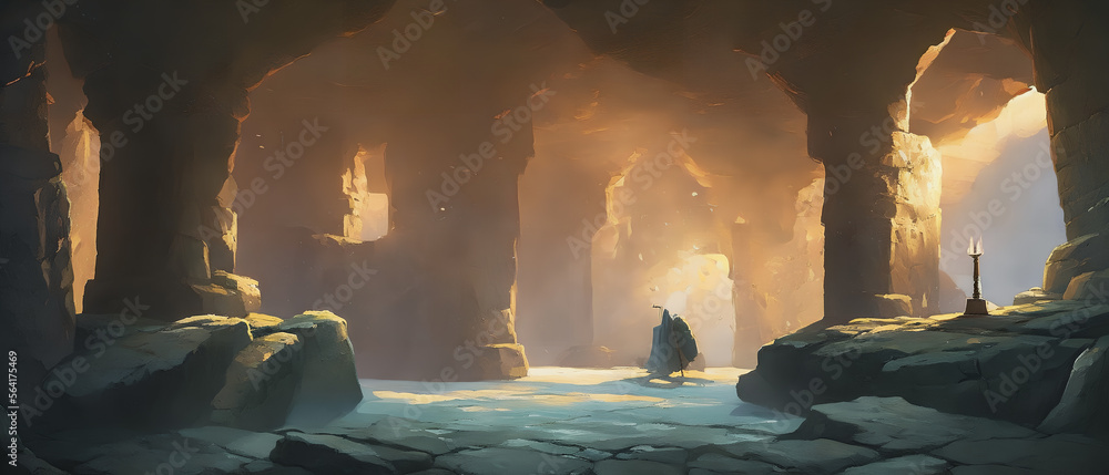 An abstract painting depicts an ancient underground cave, with shapes ...