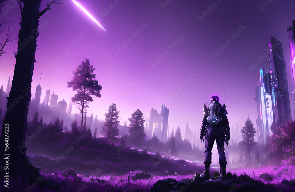 Futuristic World Alien Planet Game Concept Art of Man walking in Purple ...