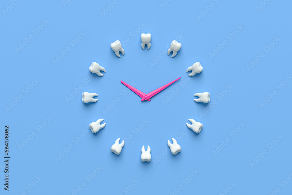 Human teeth form a clock face on a blue background, Dentist concept ...