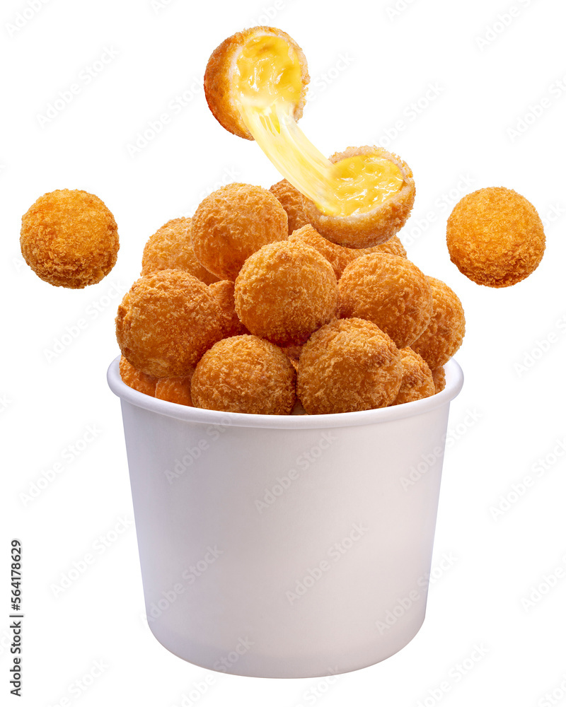 Crispy Cheese ball flying out of white paper bucket isolated on white ...