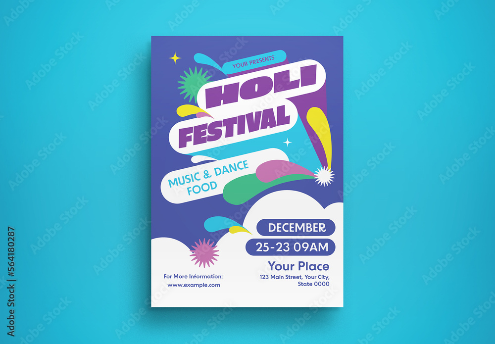 Blue Modern Holi Festival Flyer Layout Stock Template | Adobe Stock